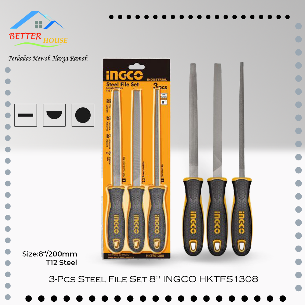 Kikir Besi Gepeng Bulat 8 Inch 3-Pcs Steel File Set 8" INGCO HKTFS1308 ...
