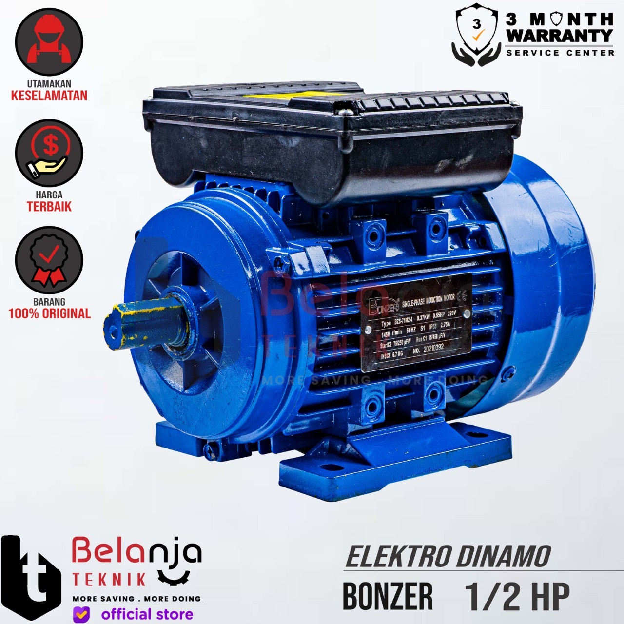 Bonzer Dinamo Electro Motor 0.5 HP 1 Phase 4 Pole Mesin Penggerak ...