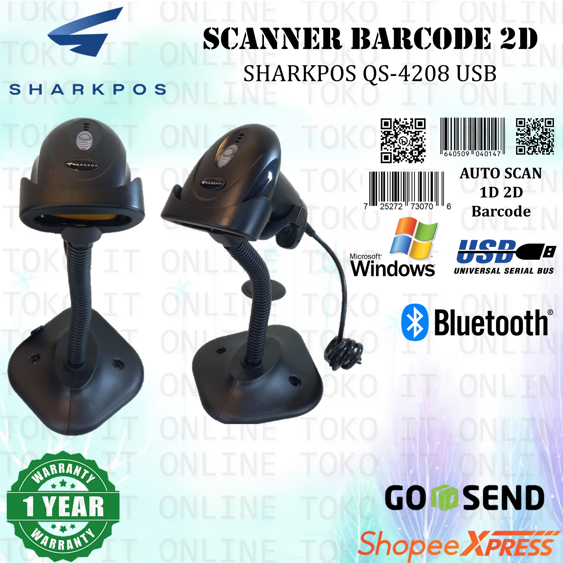 BARCODE SCANNER BLUETOOTH SHARKPOS QS-2408 2D BISA SCAN QR RESI FAKTUR ...