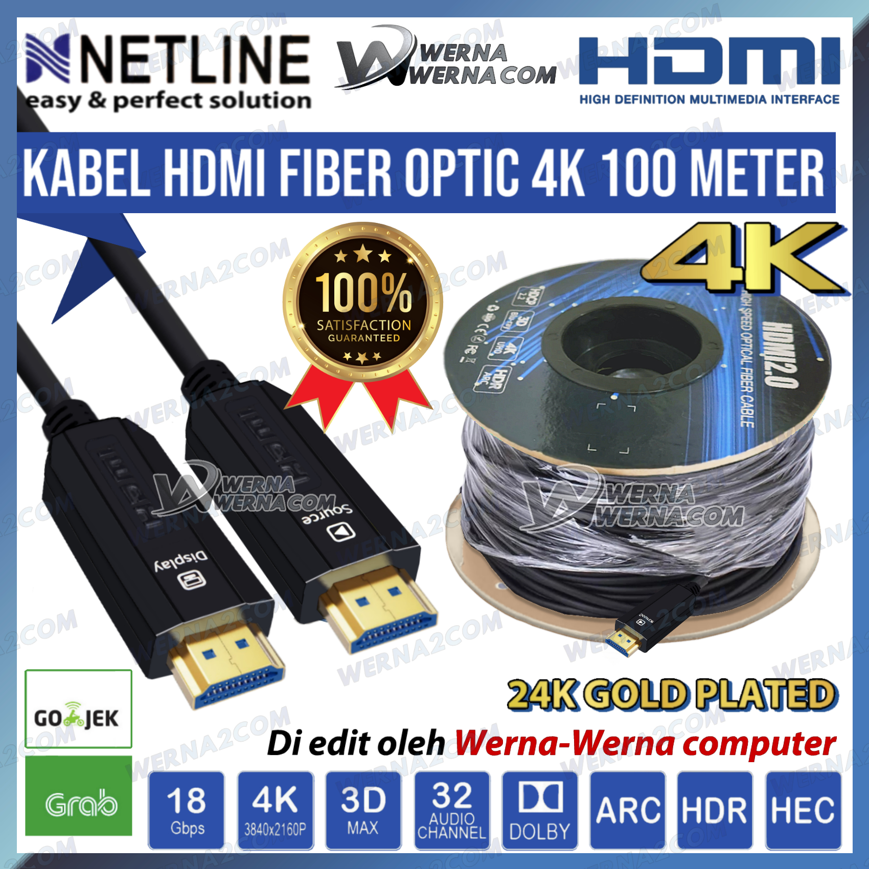 Kabel HDMI 2.0 Fiber Optic FO 100 Meter Support 4K HDR 3D ARC NETLINE | Lazada Indonesia