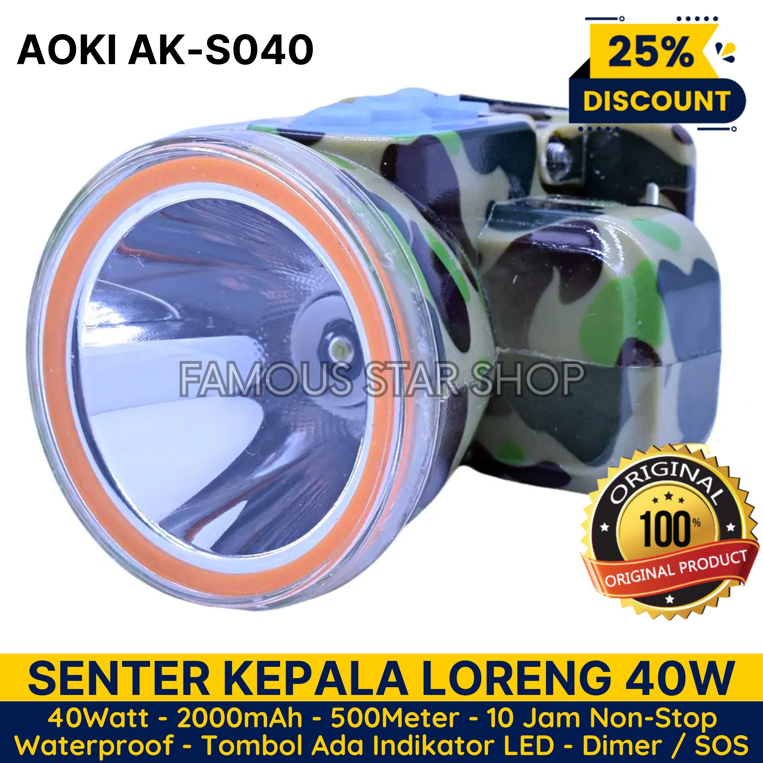 Senter Kepala LED MINI AOKI AK-S040 40W IP65 40 Watt Super Led Baterai ...