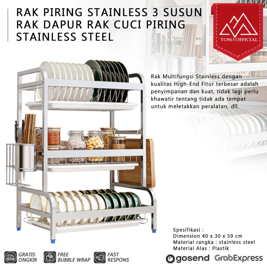 RAK PIRING STAINLESS 3 SUSUN RAK DAPUR RAK CUCI PIRING TIRISAN SENDOK ...