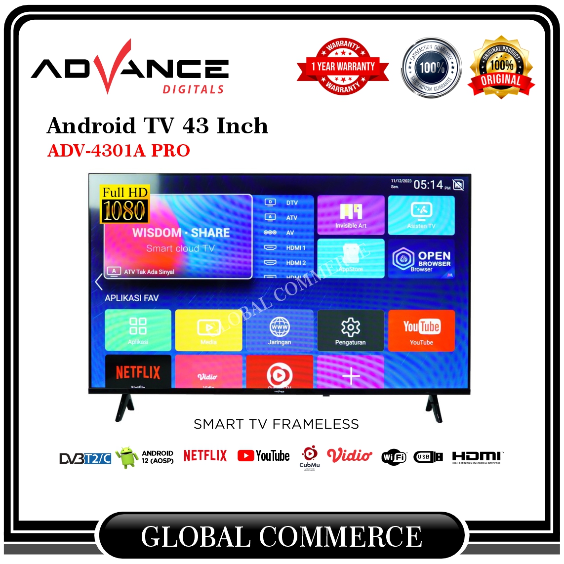Advance Android TV LED 43 Inch ADV-4301A PRO Smart TV Digital ADV4301A | Lazada Indonesia