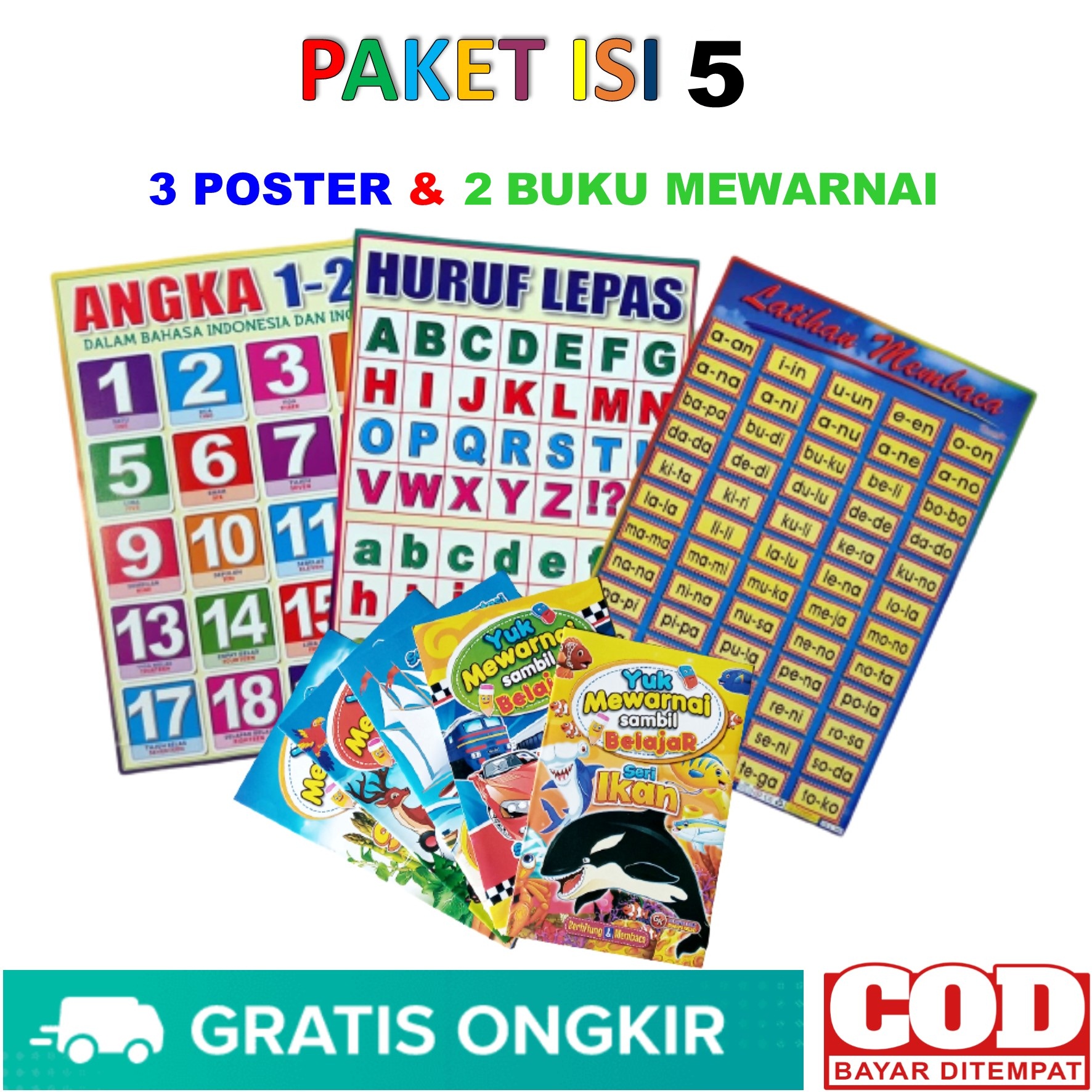 Paket 5 Isi 3 Lembar Poster Angka 123 Huruf Abjad Alfabet ABCD Belajar ...