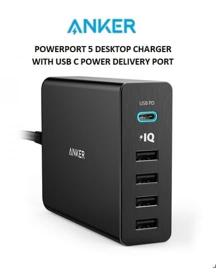 ANKER POWERPORT 5 DESKTOP CHARGER WITH USB C POWER DELIVERY A2053 ...