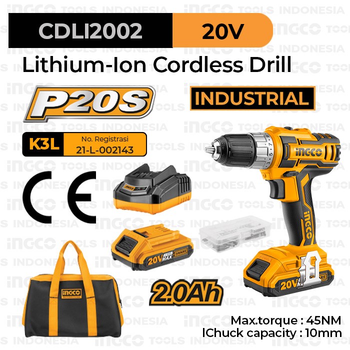 Cordless Drill 10mm Set INGCO CDLI2002 Mesin Bor Kayu Besi Tangan P20S ...