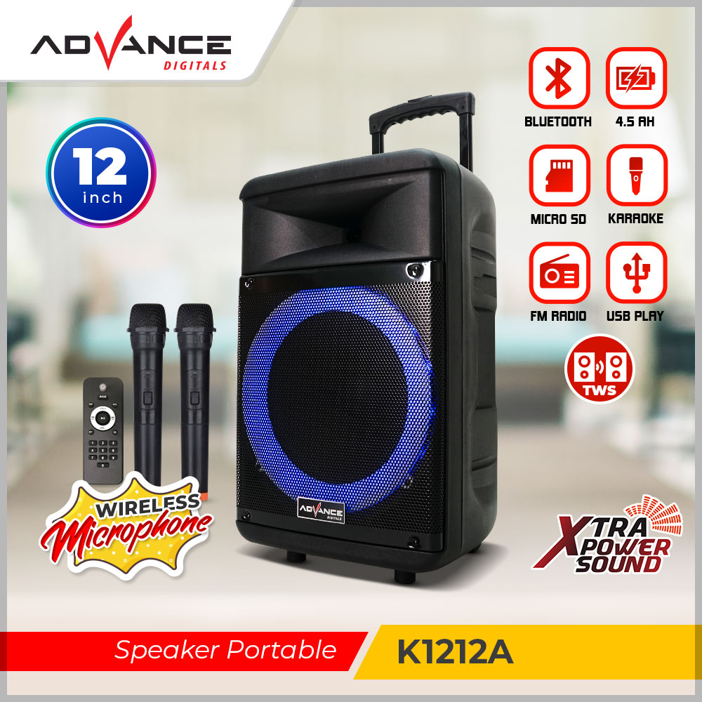 Advance K1212-A Speaker Bluetooth Portabel 12 Inci / 2 Mic Gratis / Fungsi Tws / Lampu Led Disko ...