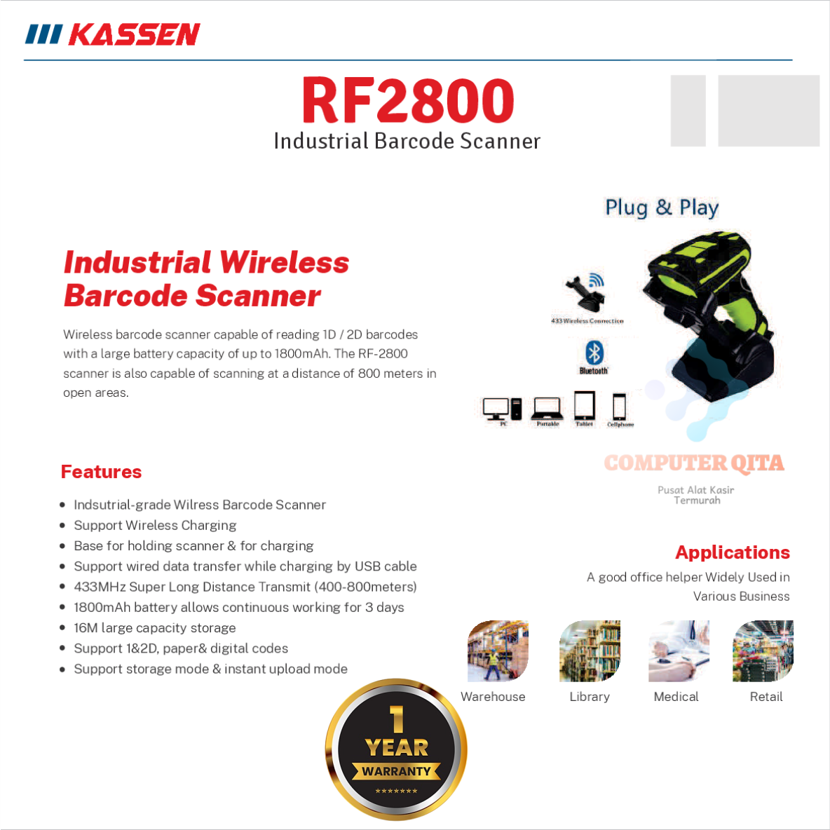 KASSEN RF2800 INDUSTRIAL WIRELESS BARCODE SCANNER 1D/2D 1800mA | Lazada ...