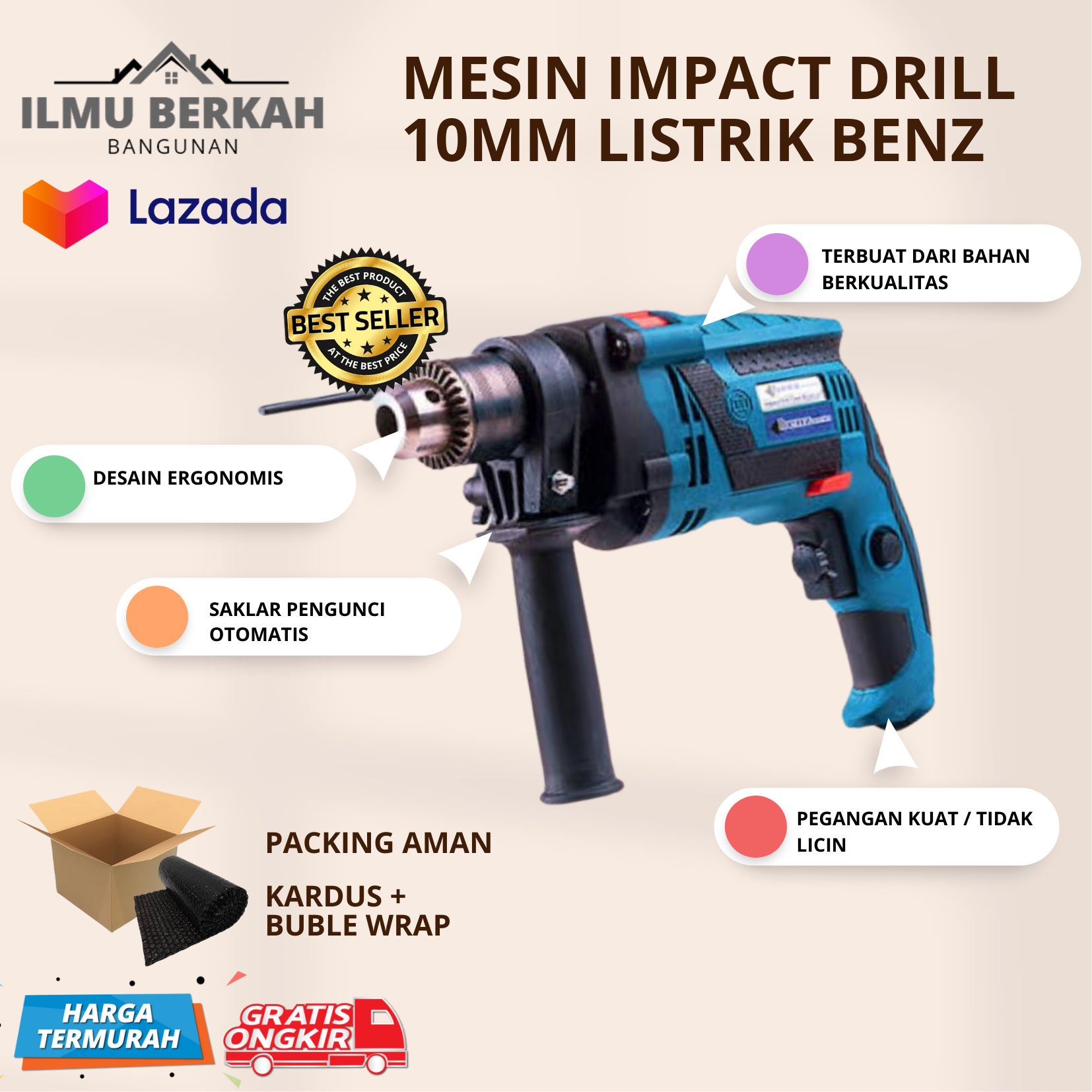 Mesin Impact Drill 10MM Listrik Benz - Benz Electrik Impact Drill BZ8810RE - Terbuat dari bahan ...