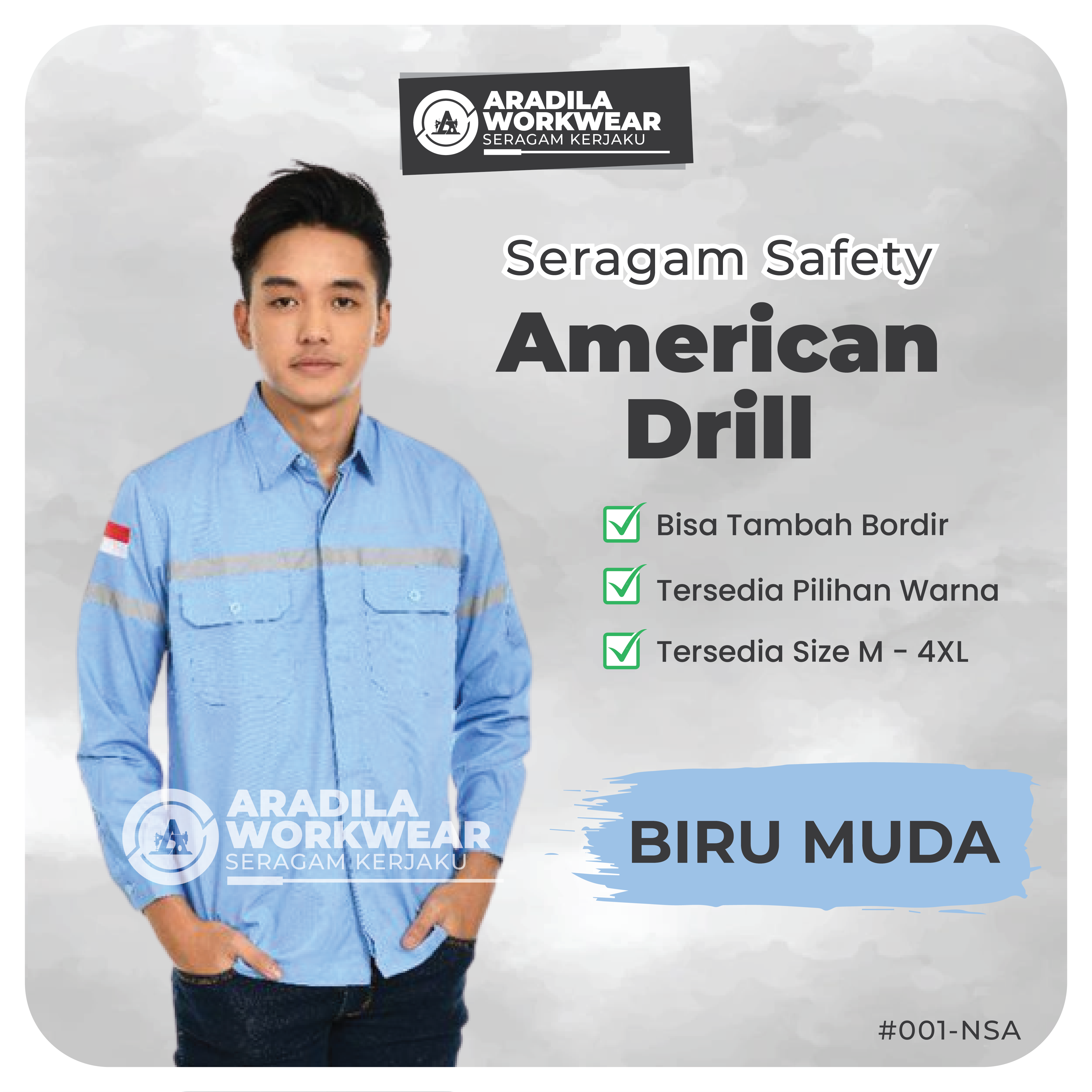 Seragam Safety Biru Muda Baju Kerja Lapangan Custom Bordir Atasan Wearpack Tangan Panjang