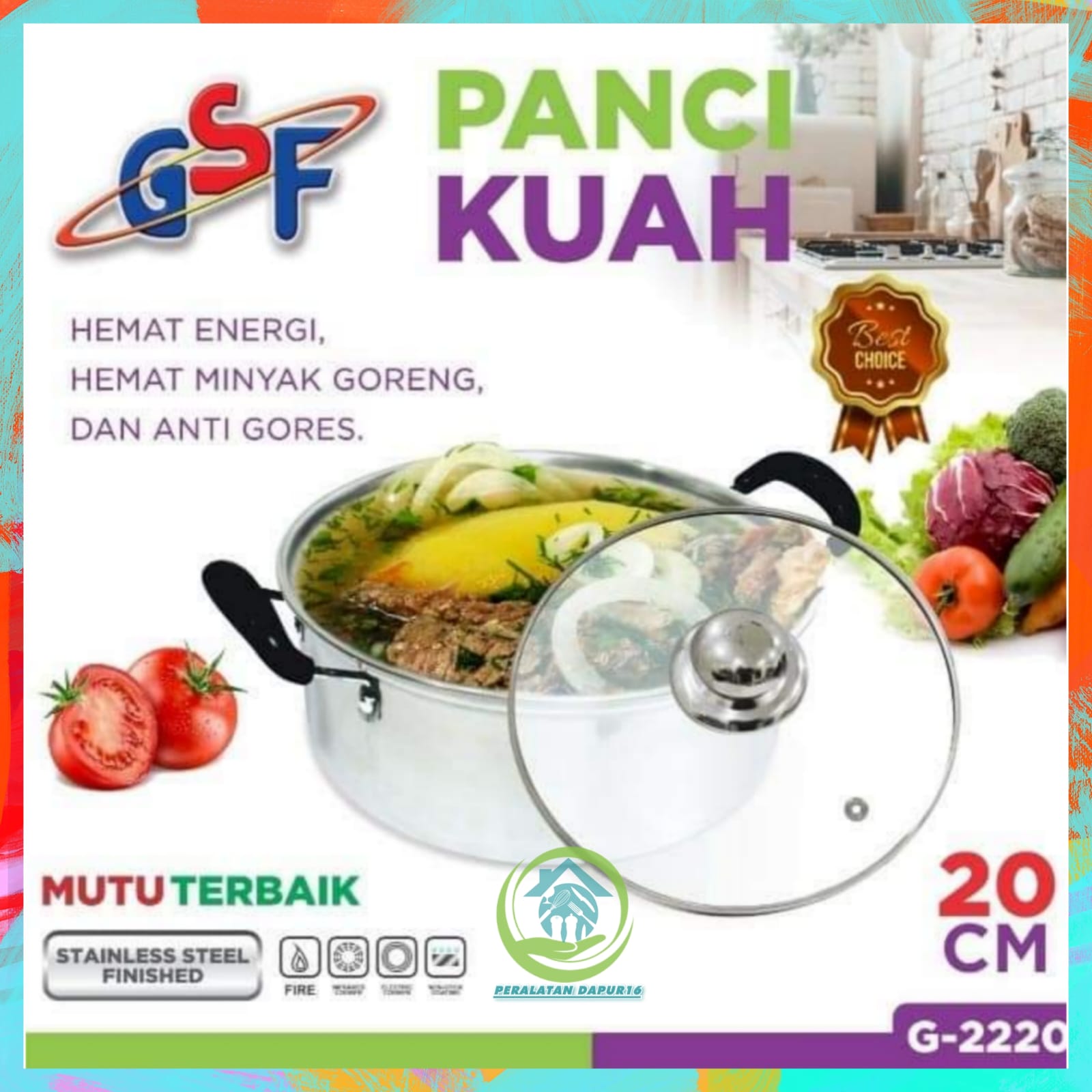 PANCI KUAH STAINLESS 20CM TUTUP KACA / PANCI KUAH GSF G-2220 / PANCI ...