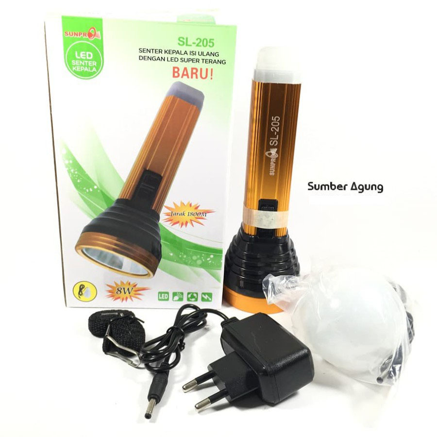 Senter Sunpro SL205 8W 8 Watt Jarak 1800M Bonus Lampu LED Tahan Air ...