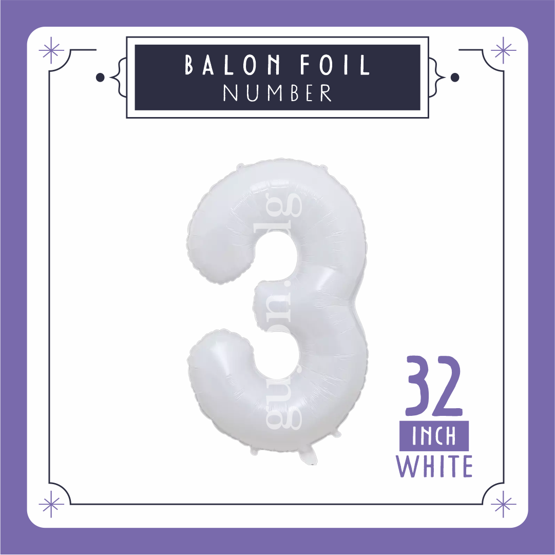 32 INCH 3 BALON ANGKA WHITE FOIL PUTIH JUMBO 80CM - 32INCH BALON ULANG ...