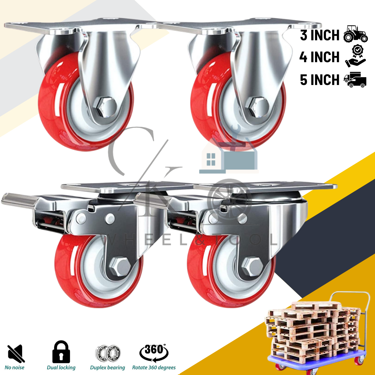 RODA CASTER PU MERAH UNTUK TROLY DENGAN BEARING MATI REM 3 4 5 INCH ...