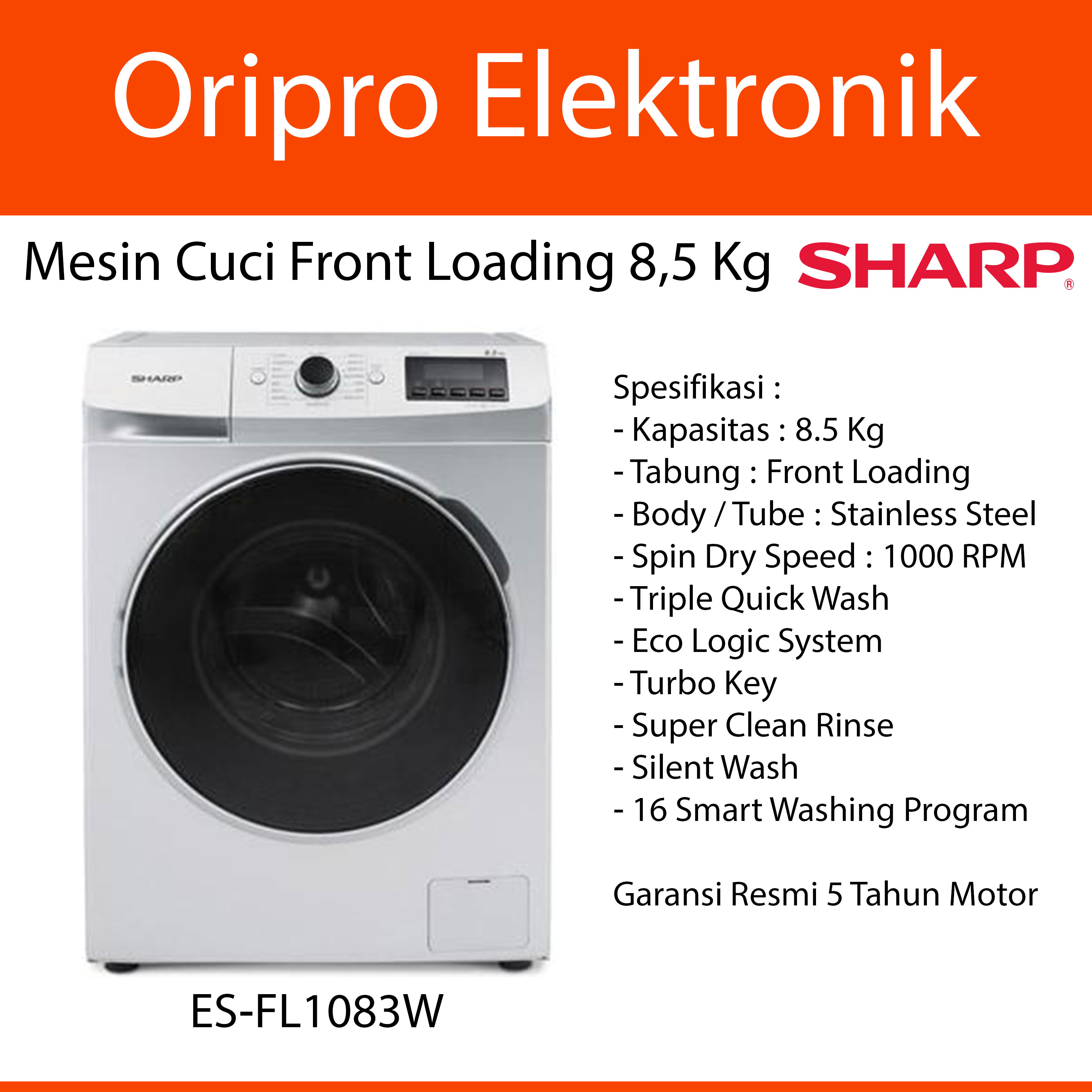 Mesin Cuci Front Loading 8,5 Kg Sharp Silver Series ES-FL1083W Khusus Denpasar - Bali | Lazada ...