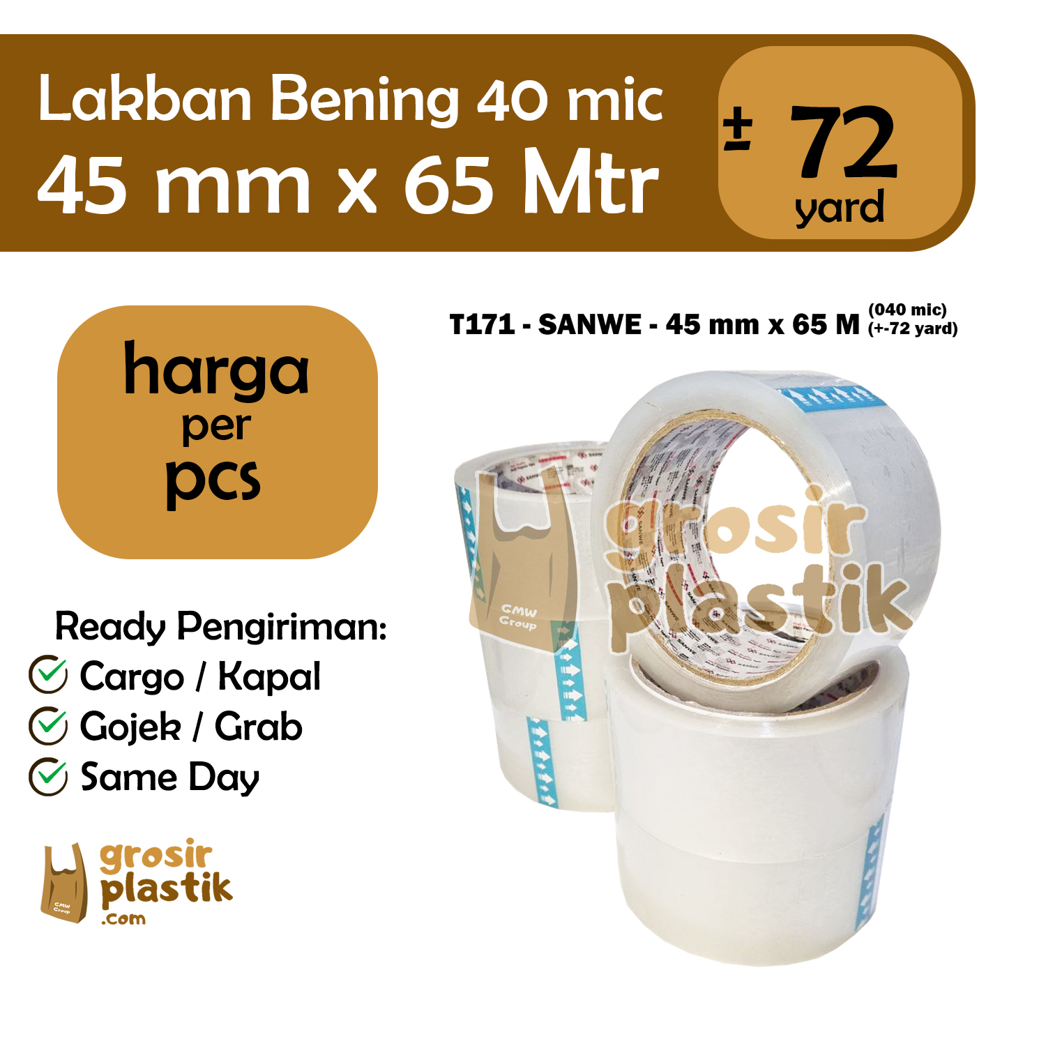 T171 Lakban Bening 45 mm x 72 yard (65m) 040 micron SANWE Isolasi ...