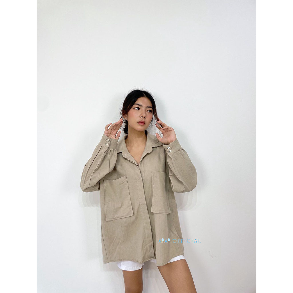 Kemeja Linen Crinkle Oversize Blouse Cewek Korean Style Atasan Wanita ...