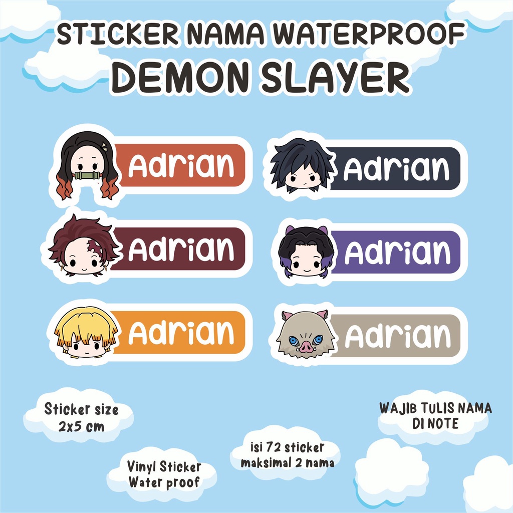 DEMON SLAYER STICKER NAMA WATERPROOF (WAJIB TULIS NAMA DI CATATAN ...