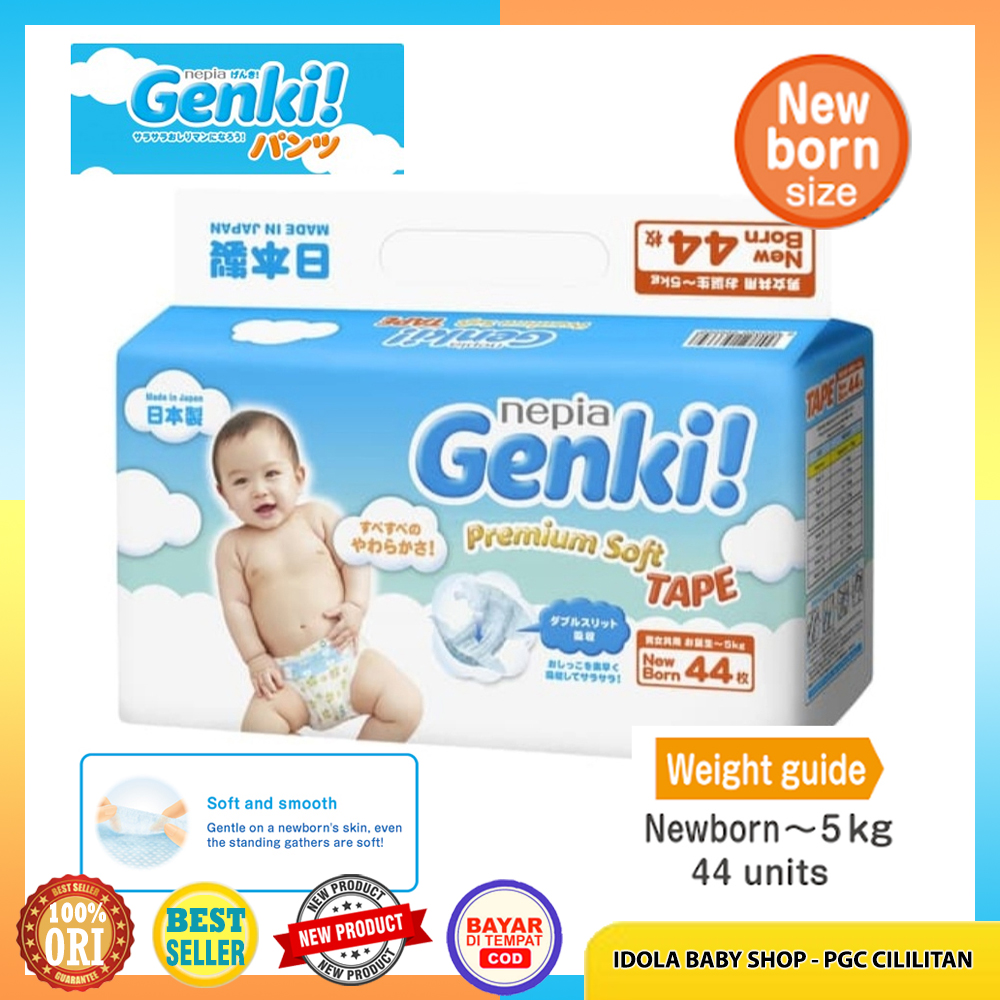 Nepia Genki New Premium Baby Diaper Soft Tape Newborn 44pc Popok Genki ...
