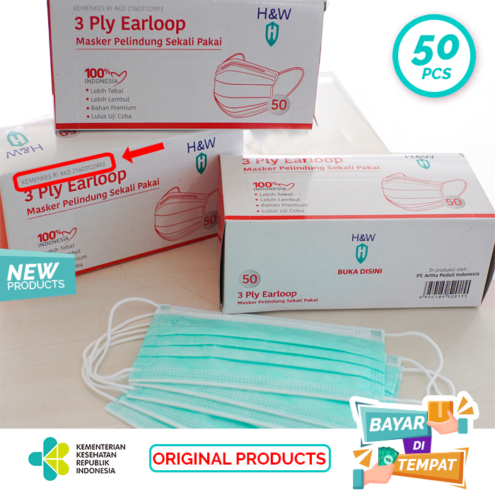 H&W MASKER Medis 3ply isi 50 Pcs Kemenkes AKD BFE 95% Surgical Mask ...