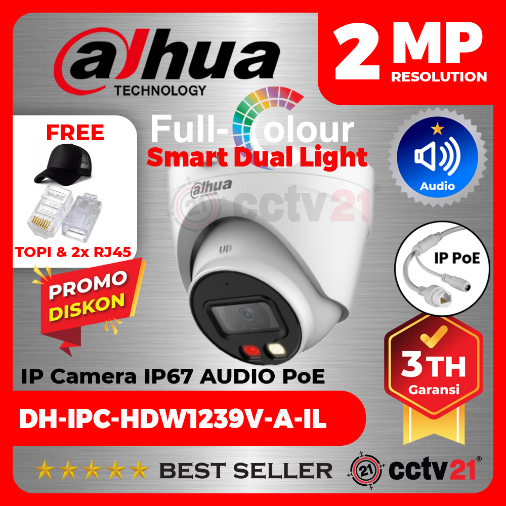 IP Camera ColorVu+Audio Dahua 2MP IPC-HDW1239V-A-IL PoE IP67 Smart Dual Light Garansi Resmi ...