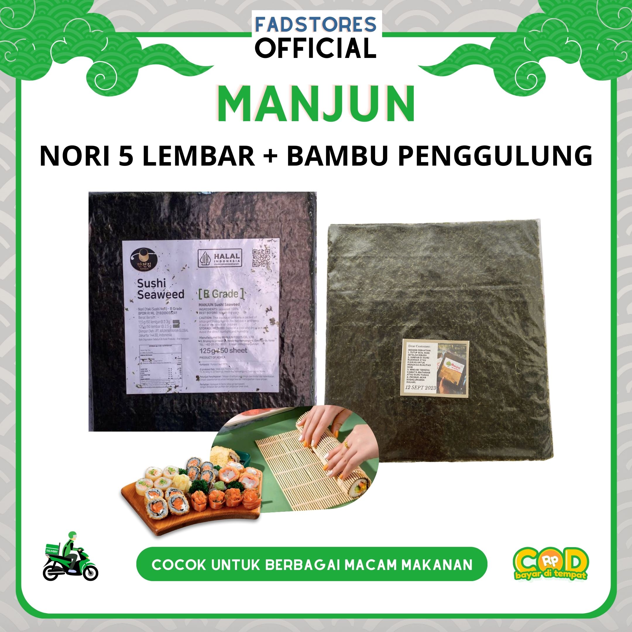 Paket Nori Manjun 5 Lembar + Bambu Sushi Mat - Paket Sushi Halal - Nori ...