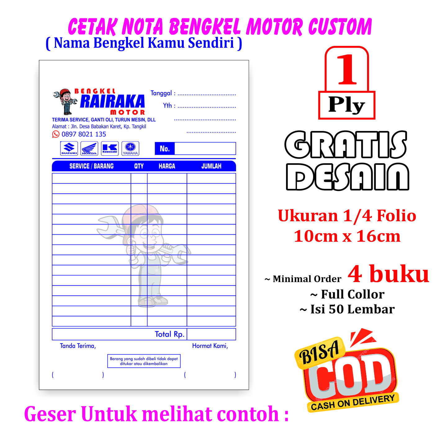 CETAK NOTA BENGKEL MOTOR 1 PLY CUSTOM DESAIN NAMA SENDIRI | Lazada ...