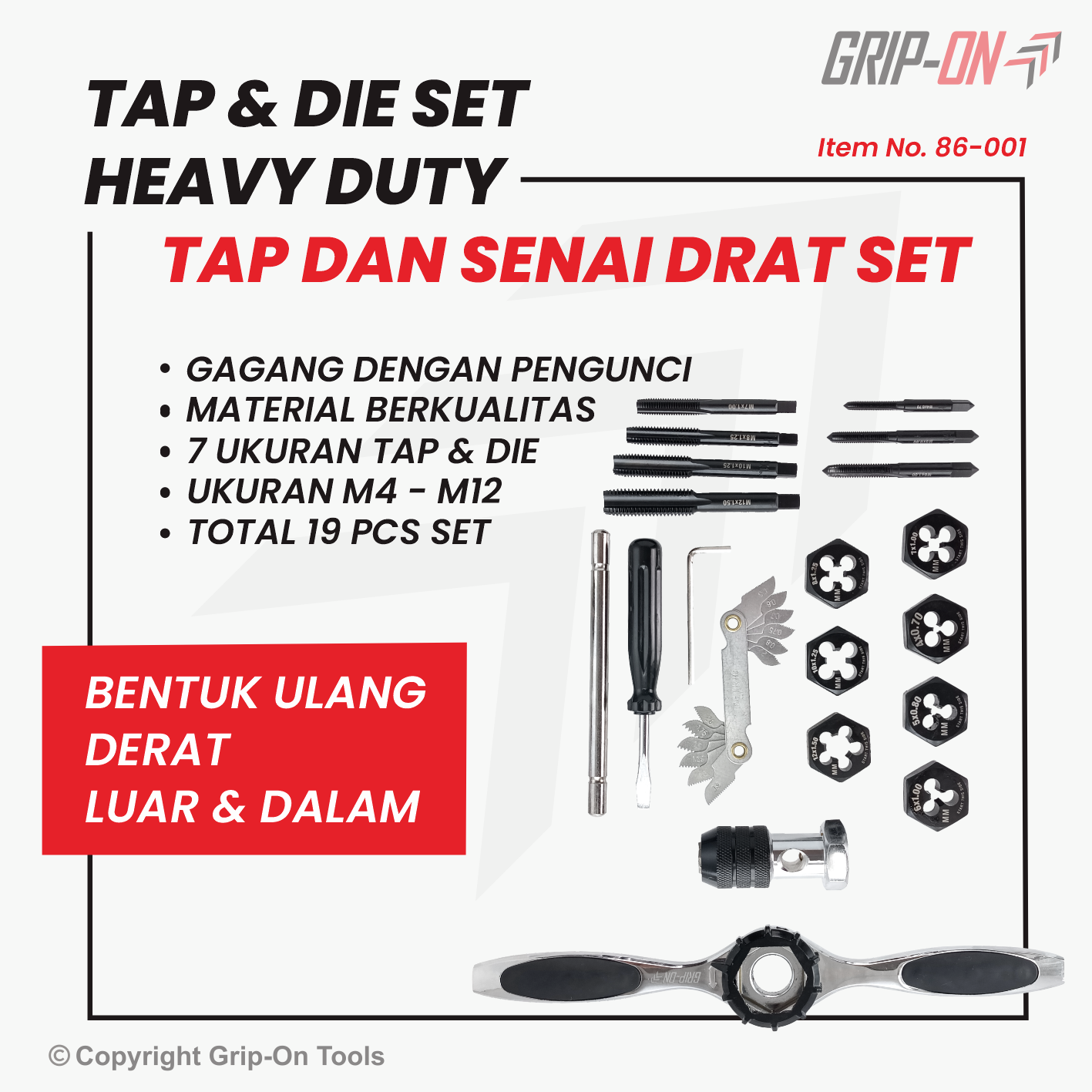 Grip-On Tap & Die Set Heavy Duty Tap dan Senai Drat Set Bentuk Ulang ...