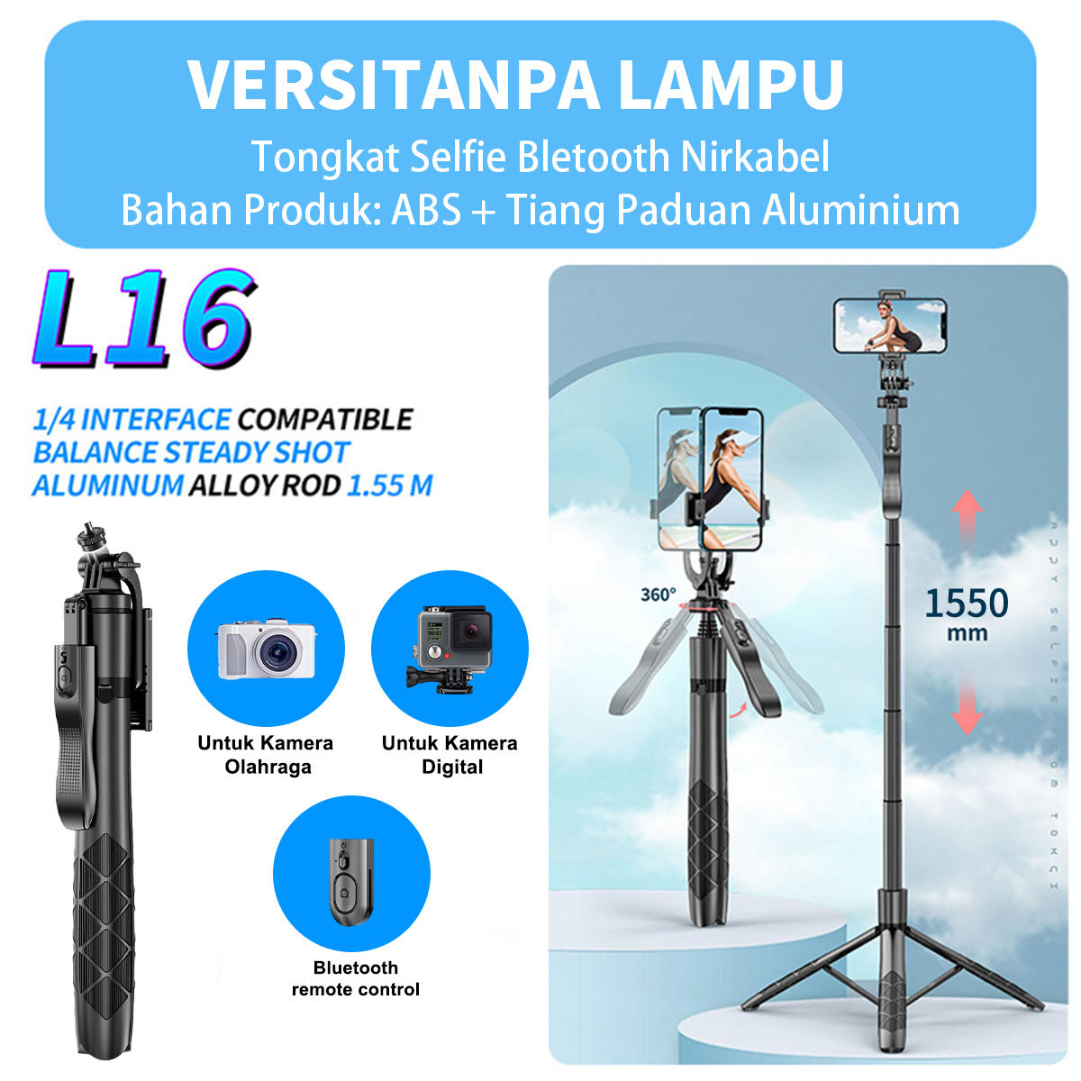 L16 Tongsis Tripod Bluetooth Selfie Stick Remote Tripod Kamera DSLR Tongsis 1530MM dengan 1/4 ...