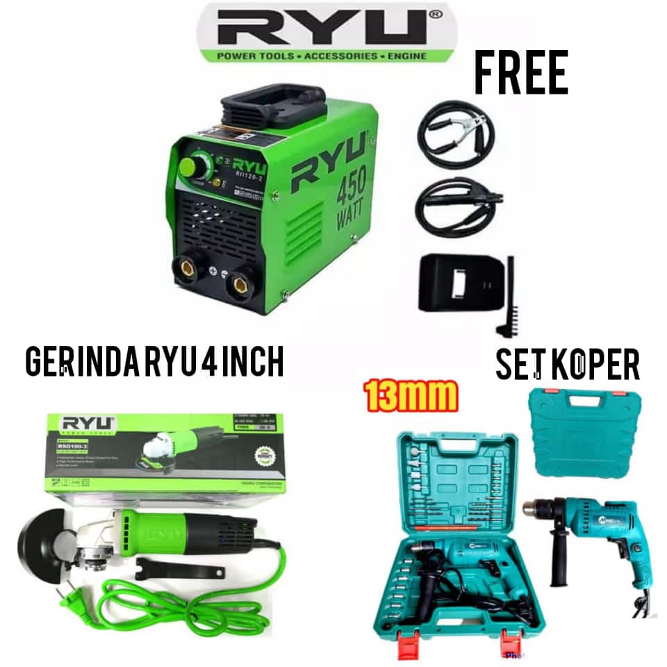 GARANSI 100% [3ITEM] Paket Mesin Las RYU 450W - Bor 13mm set koper ...