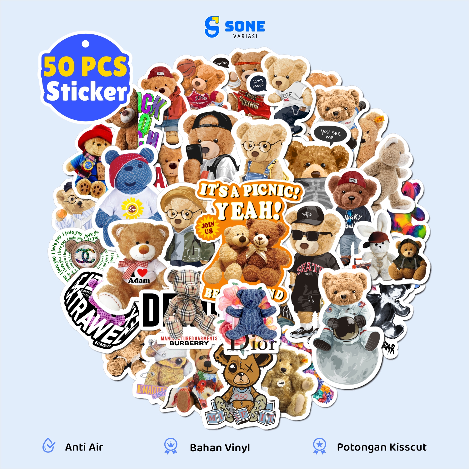 50 Pcs Sticker Pack Teddy Bear Cute vinyl Waterproof Dekorasi Koper ...