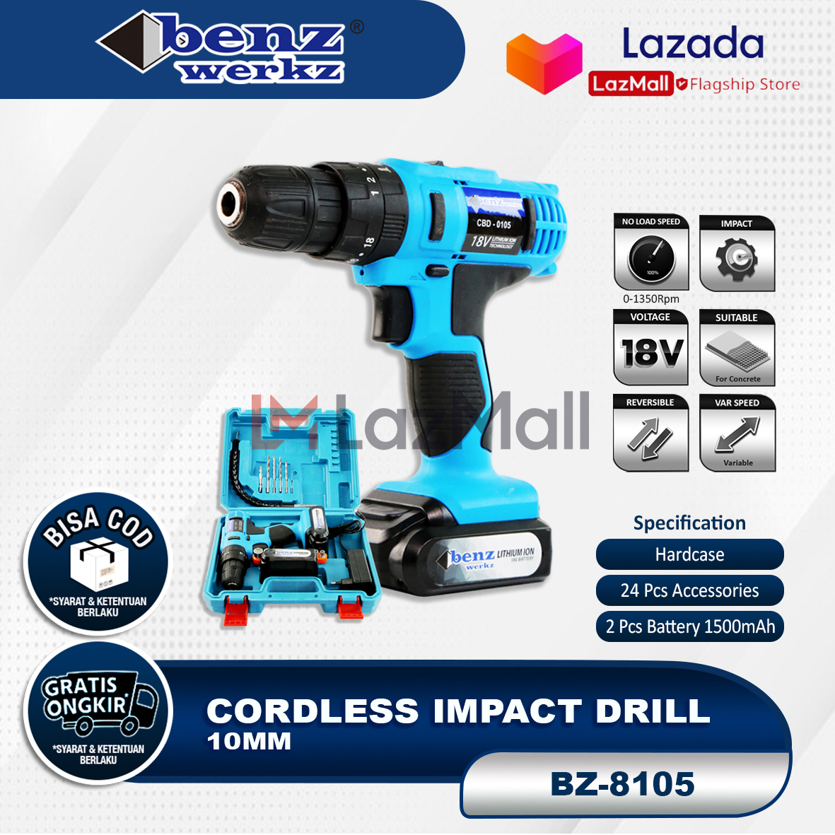 Benz Werkz mesin bor impact drill cordless 18Volt 2 baterai 10mm ...