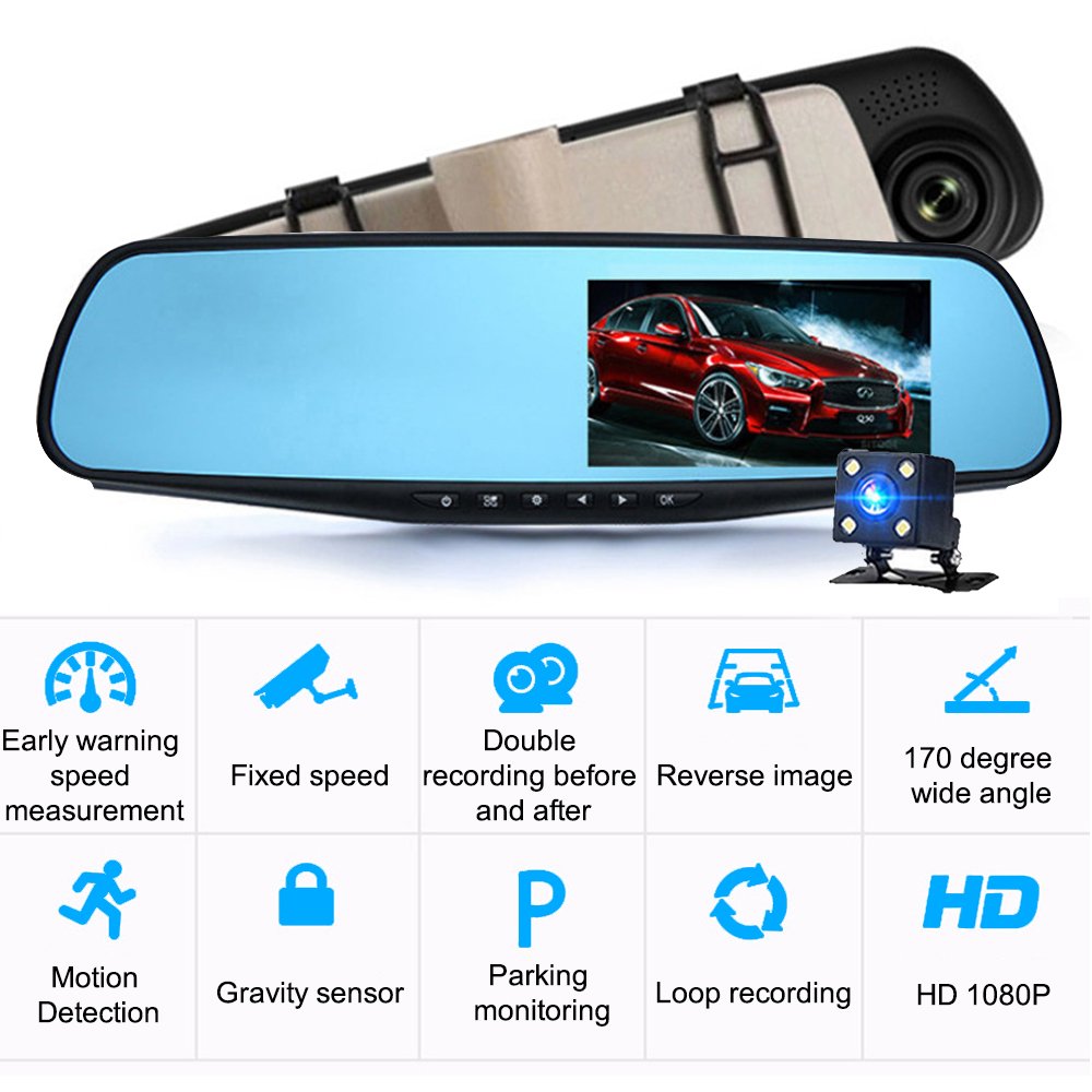 Dash Cam mobil Dashboard Cermin Spion Mobil 4.3 '' FHD 1080P Lensa ...