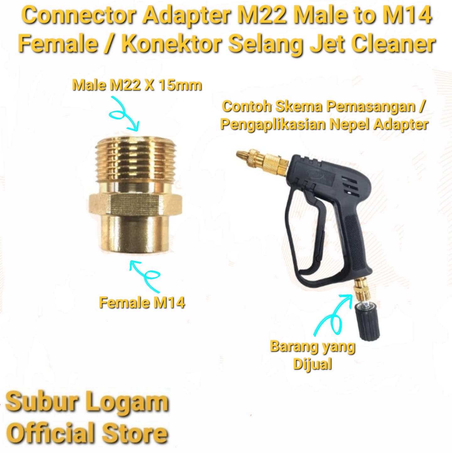 Connector Adapter M22 Male to M14 Female Konektor Selang Jet Cleaner ...