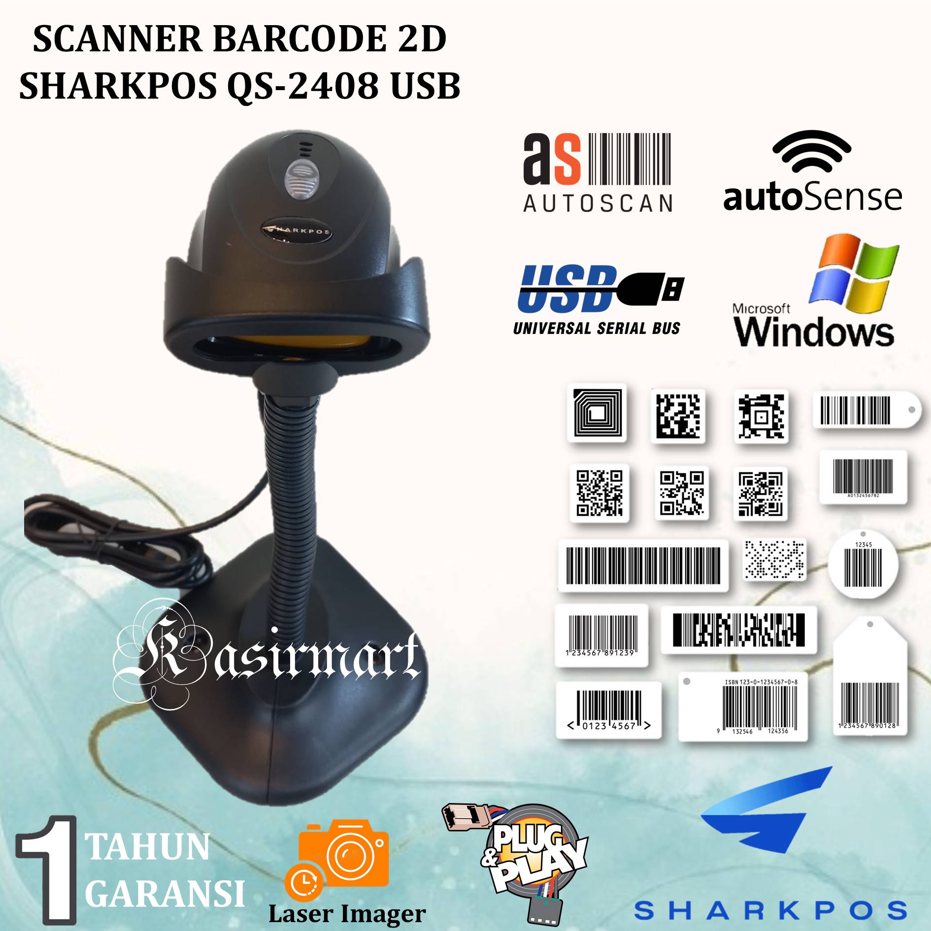 Sharkpos QS2408 Barcode Scanner 1D 2D USB Plus Stand QR Code 147 ...