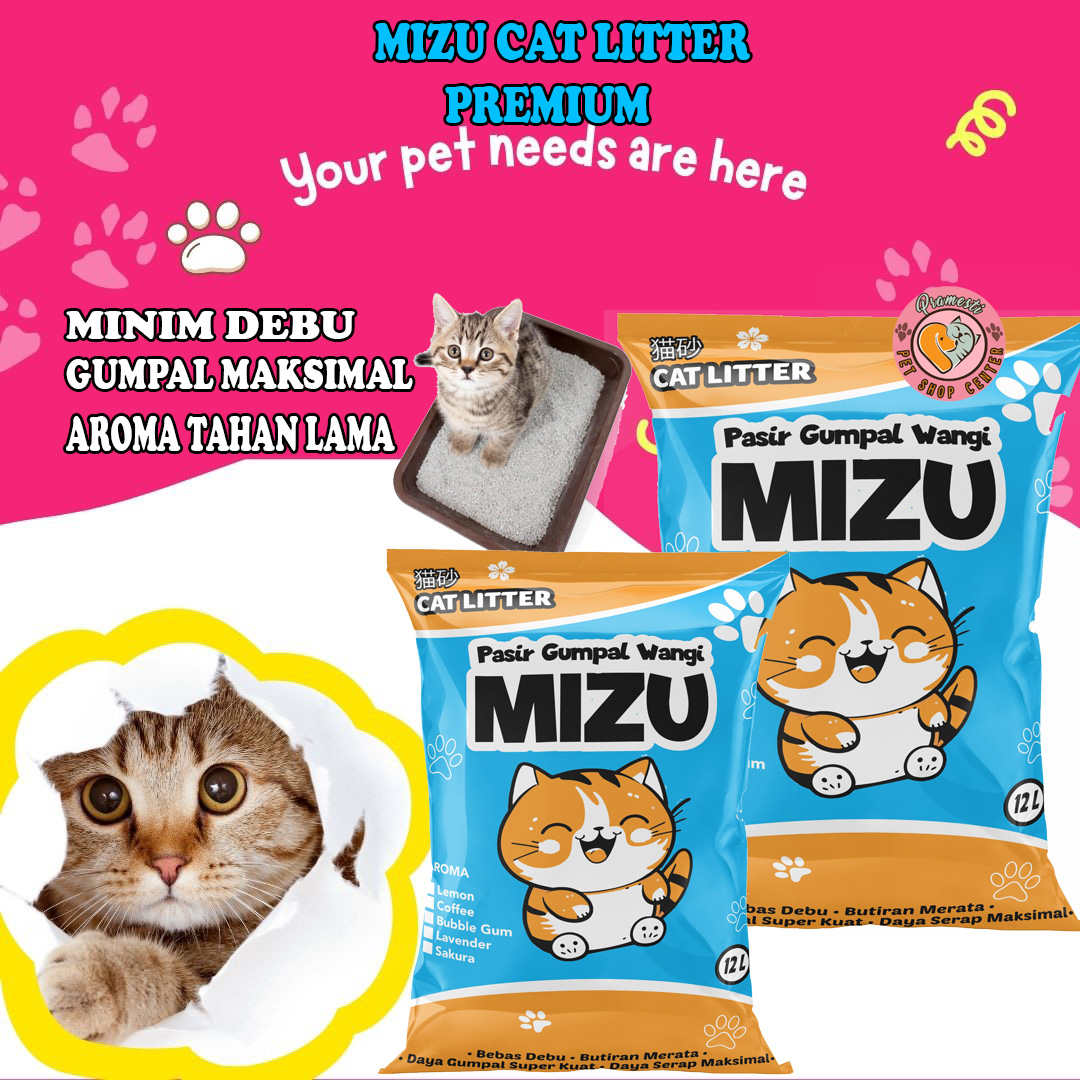 12 LITER PASIR KUCING GUMPAL WANGI BENTONITE LAVENDER MERK MIZU CAT ...