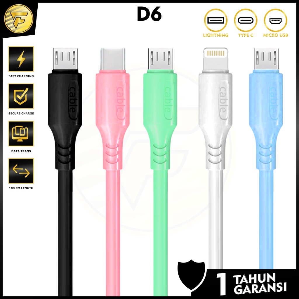 Kabel data D6 Fast Charging Lightning Type C Micro USB 1 Meter kabel cas android macaron color ...