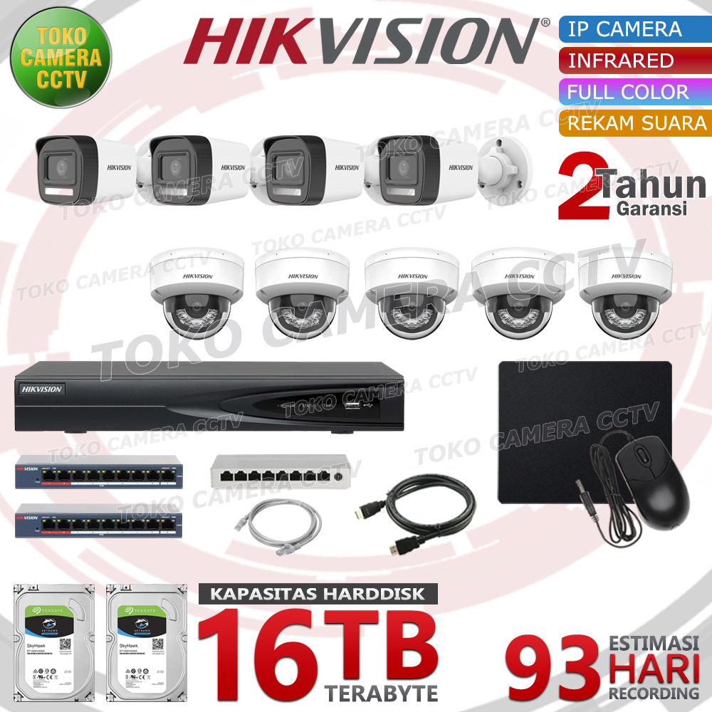 PAKET CCTV IP CAMERA HIKVISION 2MP COLORVU AUDIO 16 CHANNEL 9 KAMERA ...
