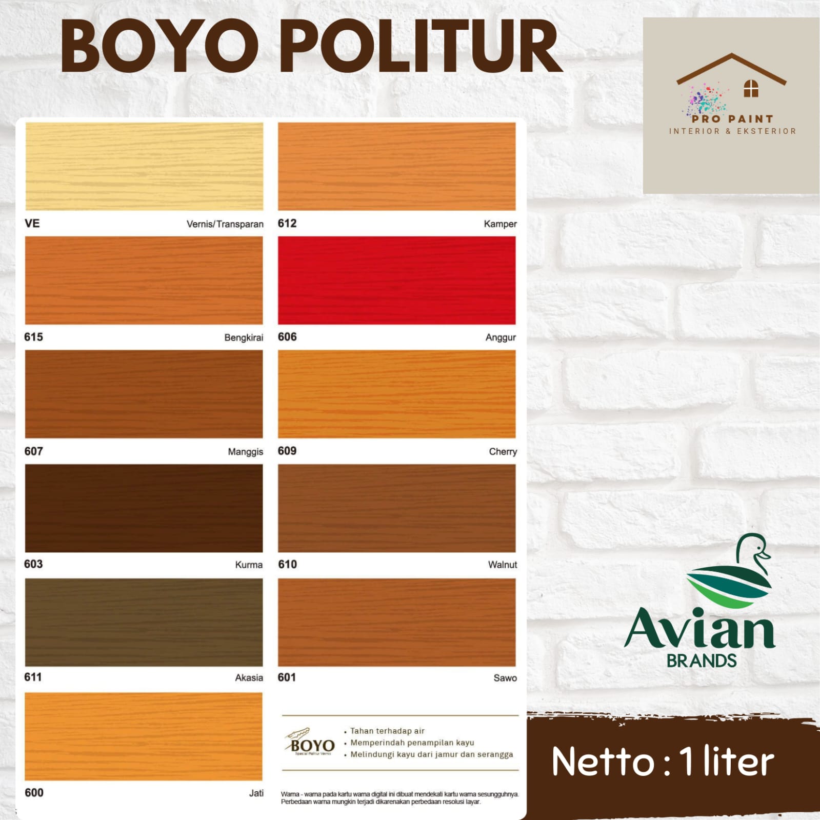 PRO PAINT Avian BOYO Politur Plitur Pelitur 1kg Warna / Vernish 1 Liter ...
