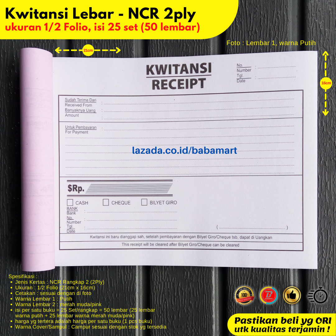 KWITANSI KUITANSI LEBAR RECEIPT TANDA TERIMA 1/2 FOLIO 2 RANGKAP 2 PLY ...