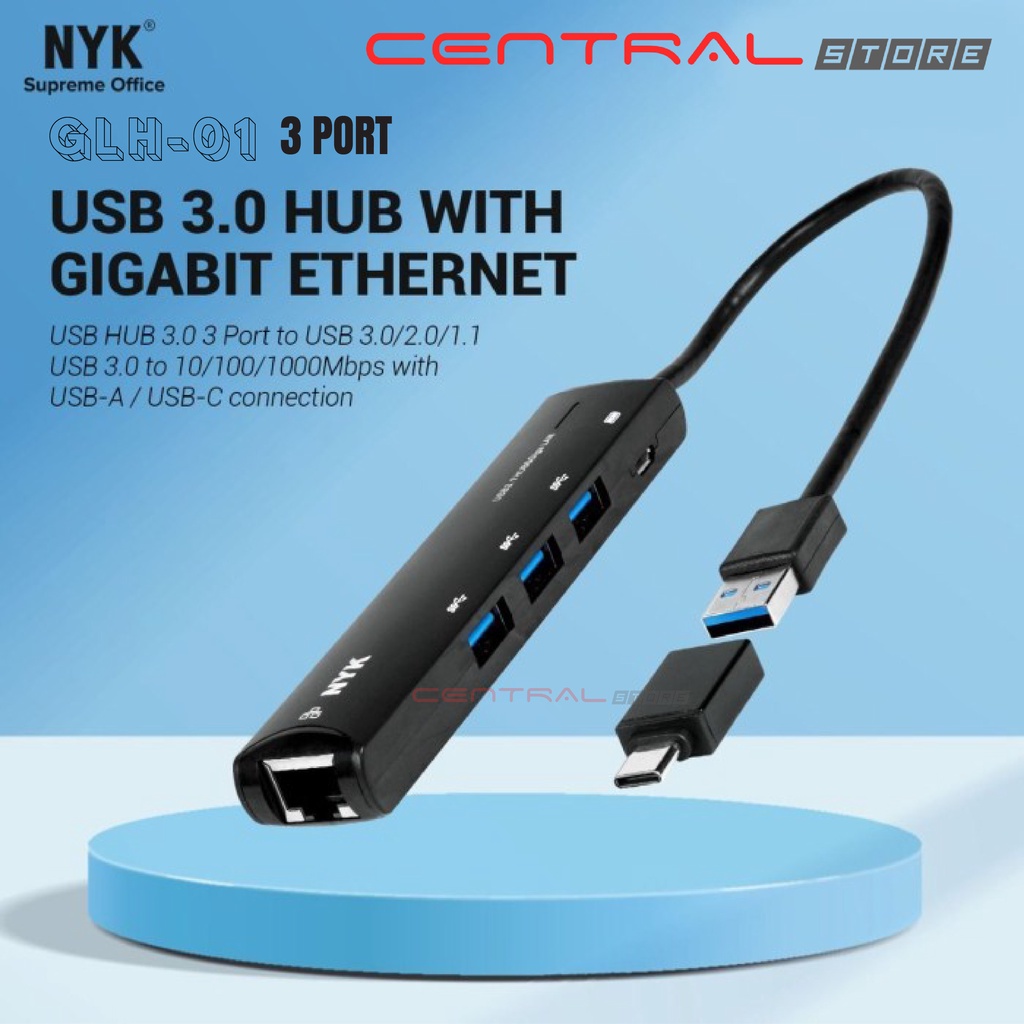 USB to Lan Adapter NYK GLH-01 USB Lan + Hub USB3.0 3 Port OTG TYPE C 3. ...
