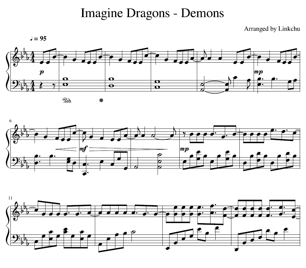 Partitur Musik Imagine Dragons Demons Not Balok dengan alat musik piano ...