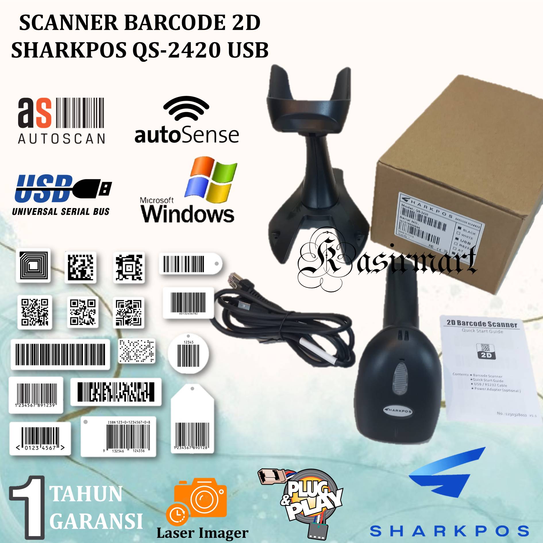 Sharkpos QS2420 Barcode Scanner 1D 2D USB Scan QR Code E Faktur Resi ...