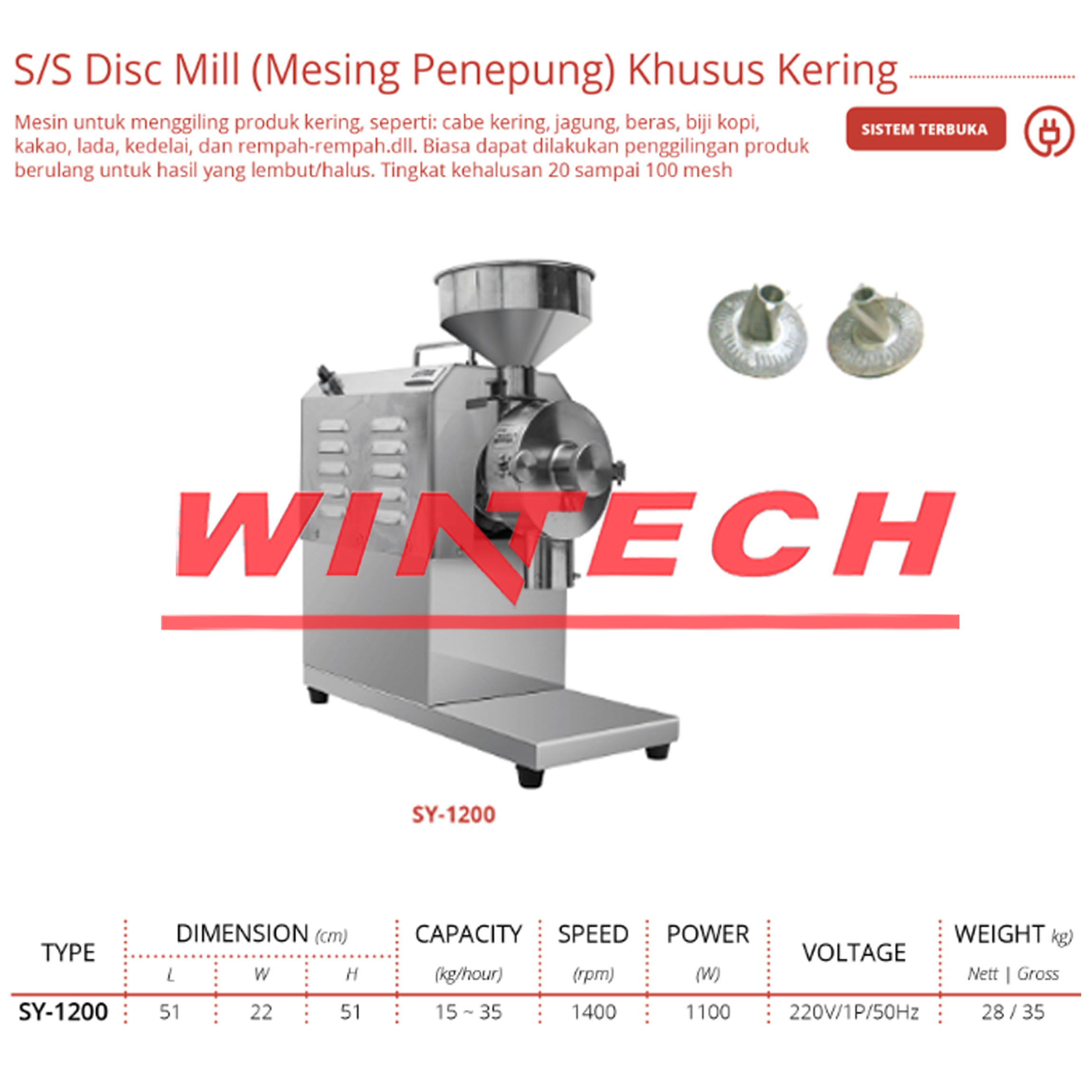 GETRA SY-1200 Disc Mill Mesin Penepung Bahan Kering Untuk Cabe Dll ...