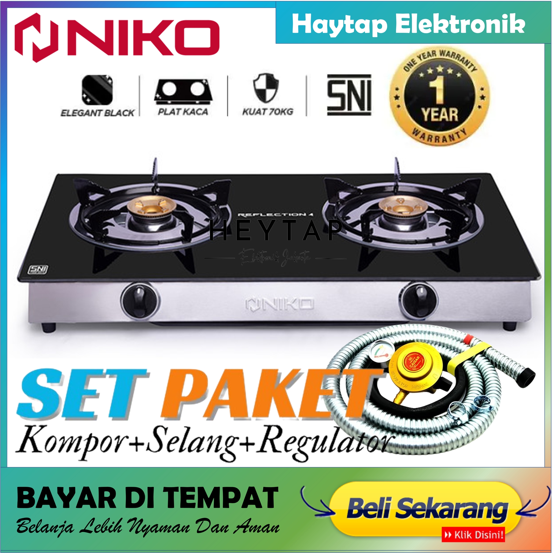 Niko Reflection R4+Selang Gas+Regulator Meter Kompor Gas Kaca 2 Tungku ...
