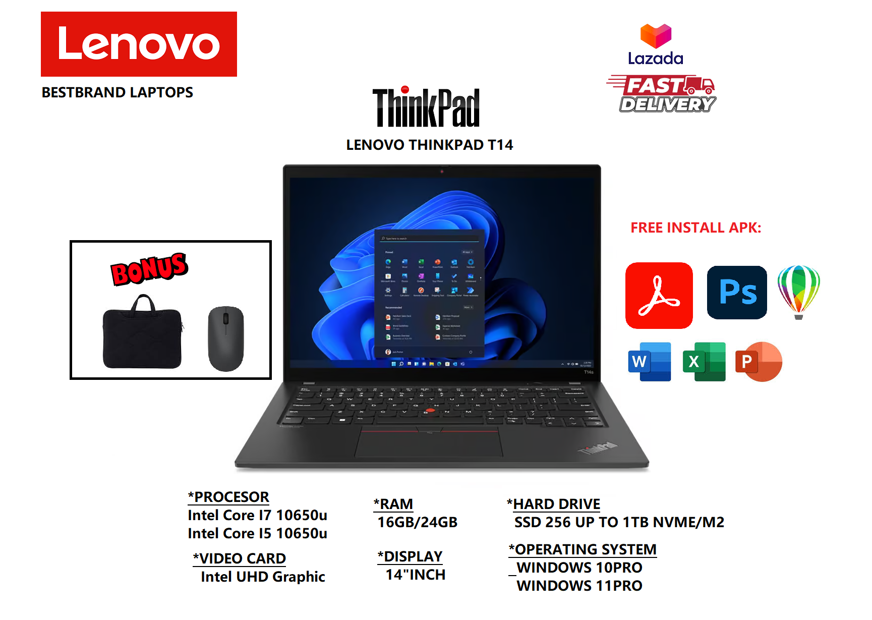LAPTOP DESAIN BERKUALITAS LENOVO ThinkPad T14 G1 Core i7-10th Gen ...
