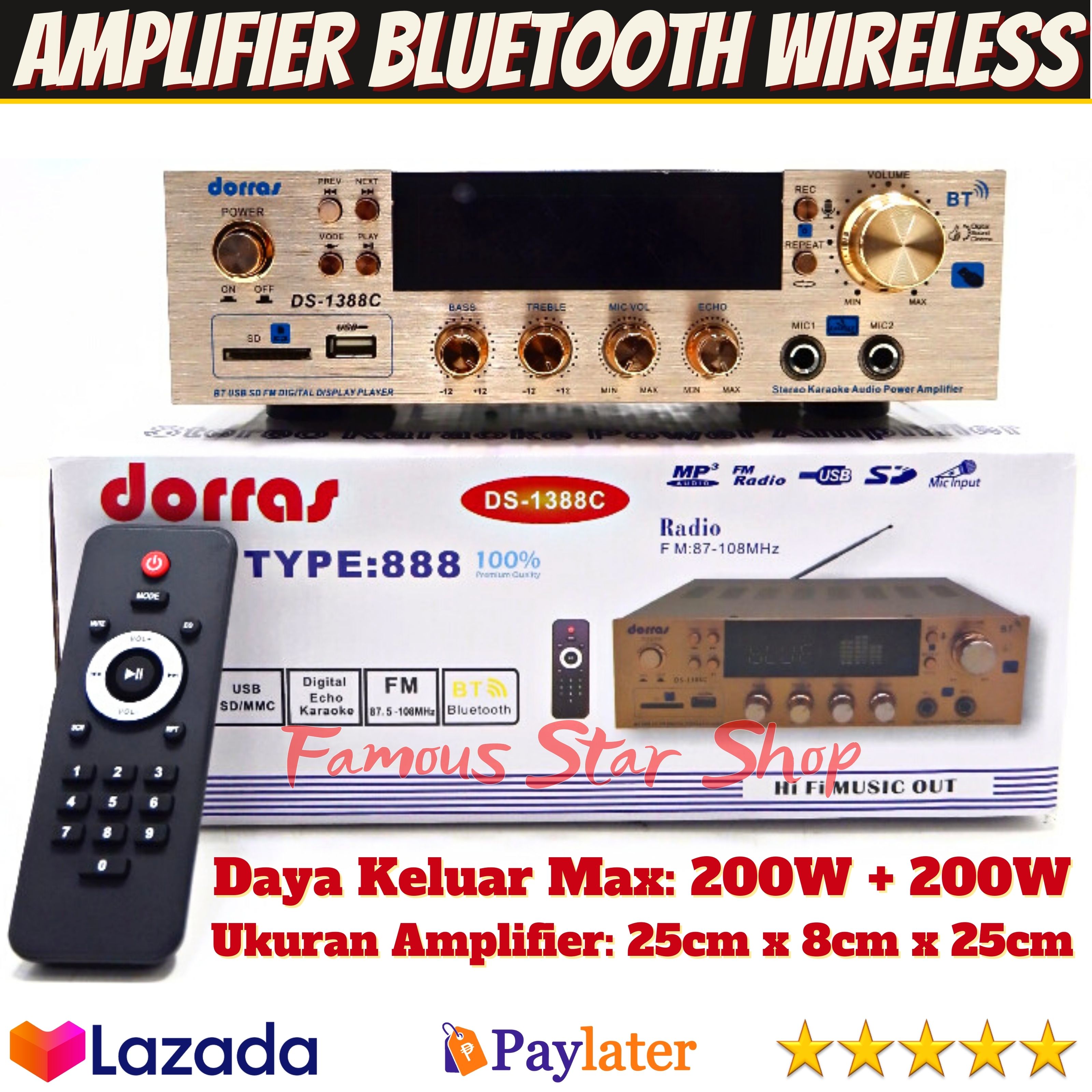 Amplifier Audio Dorras DS-1388C - Amplifier Bluetooth USB/SD/FM/MP3-Amplifier Stereo Bluetooth ...