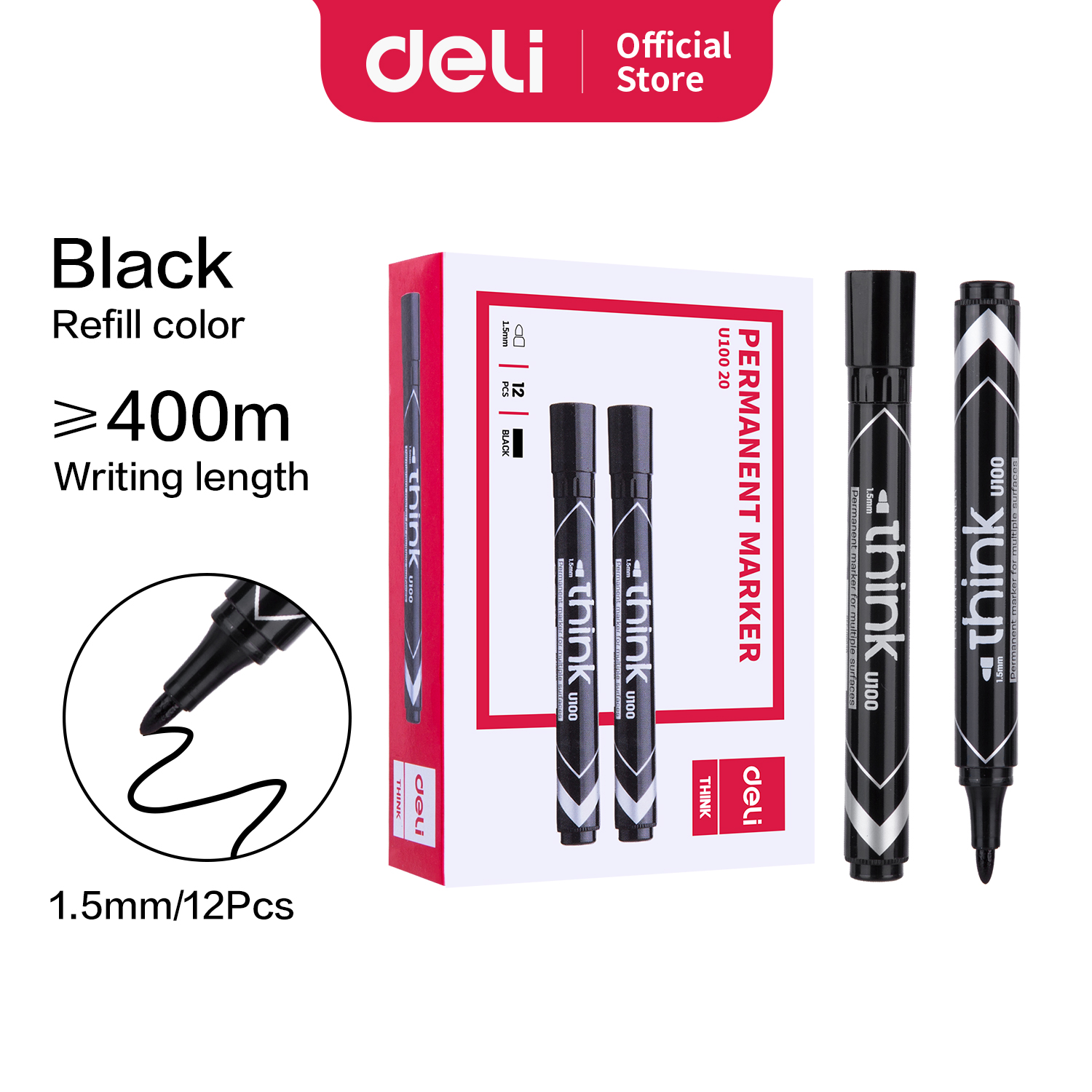 Deli Spidol Whiteboard Permanen Marker Hitam 1.5mm cepat kering tahan ...