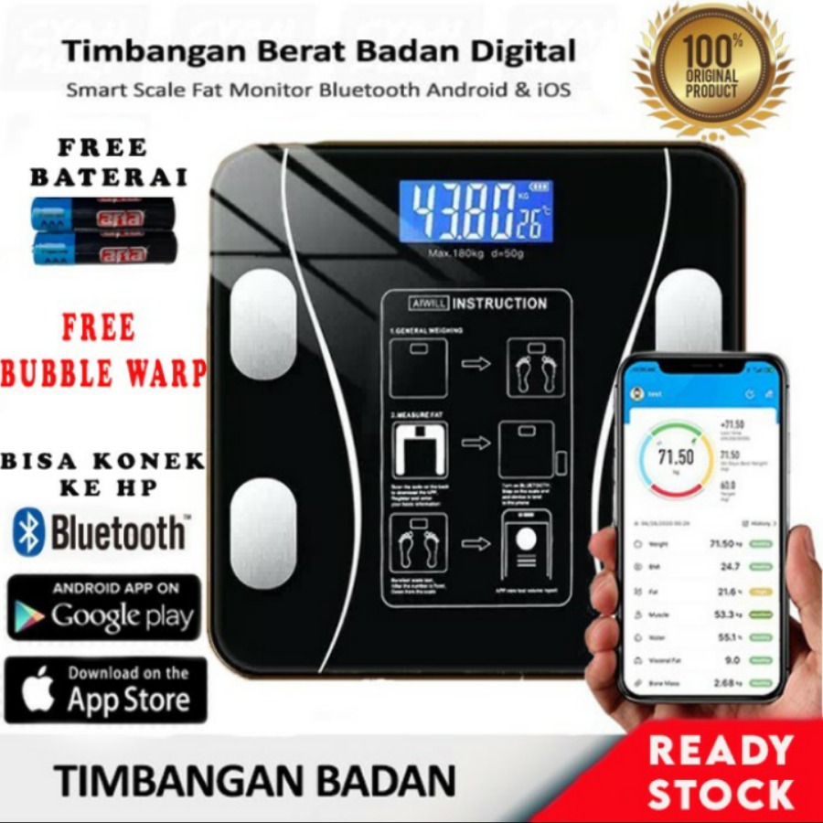 Timbangan Badan Digital Elektronik Bluetooth Healt Scale 180 kg ...