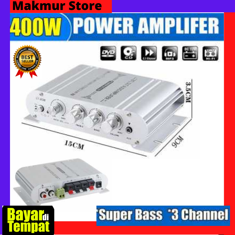 Makmur Set HiFi Amplifier Treble Bass Booster 400 Watt ukuran 15 x 9 x ...